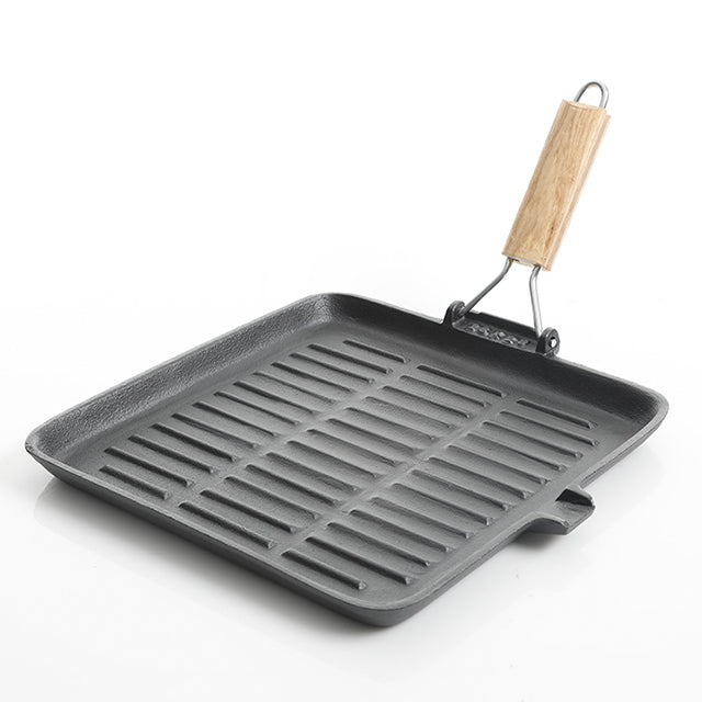 Seasoned 11" Cast Iron Grill Pan with Foldable Wooden Handle – SIRO HOME